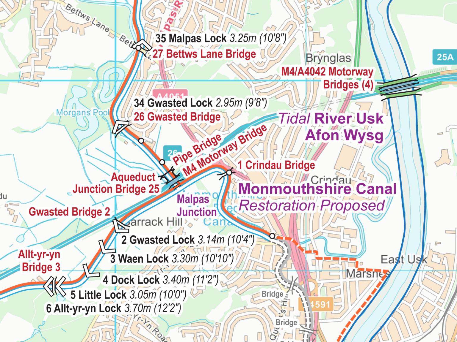 Monmouth & Brecon Canal (Restoration Section) Map - Waterway Routes